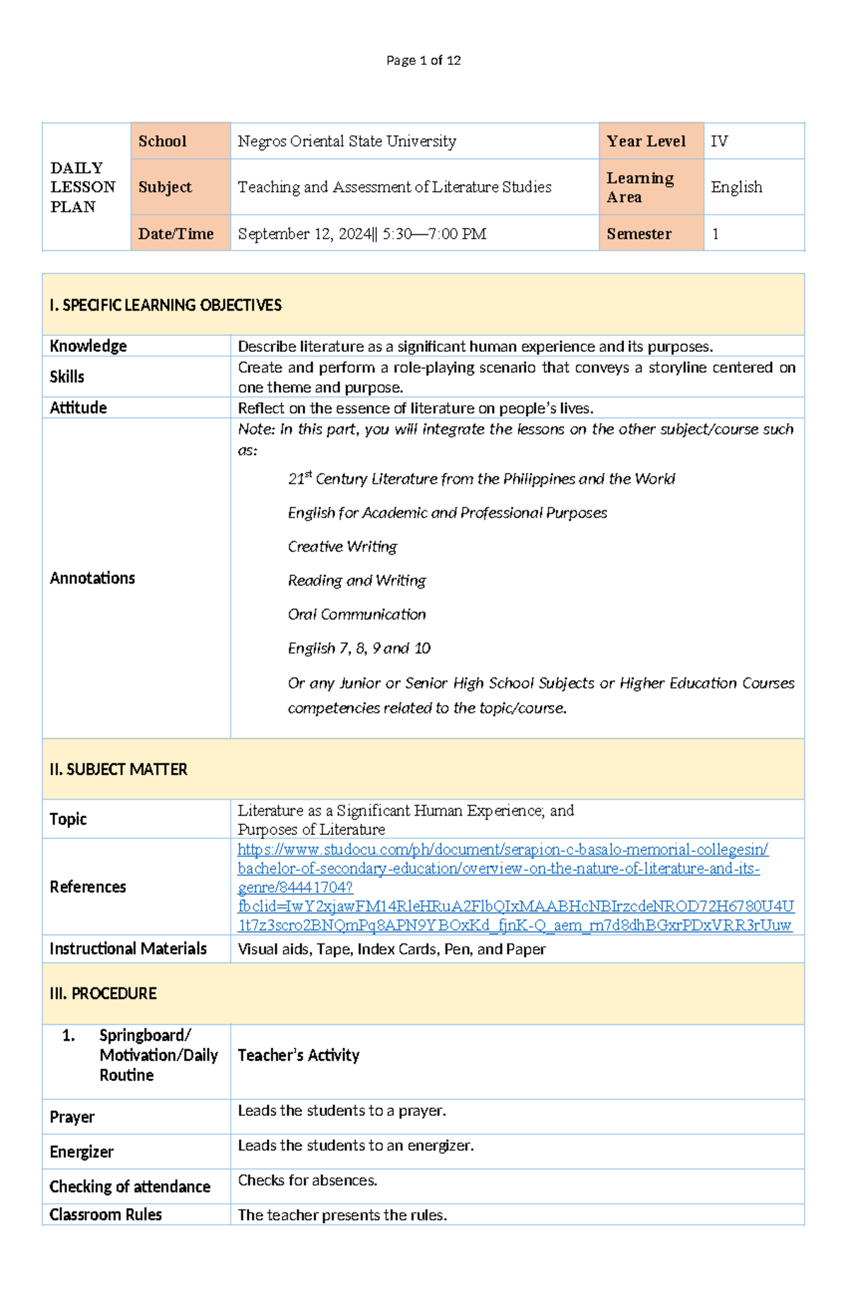Group 1 Overview OF Literature AND ITS Genre - DAILY LESSON PLAN School ...