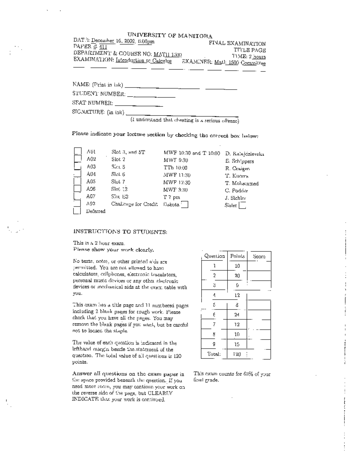 MATH 1500 Final Exam Paper - Introduction to Calculus (2009) - Studocu