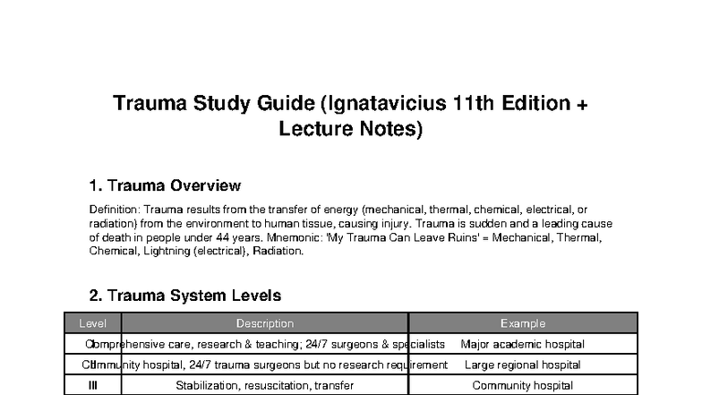 Trauma Study Guide (Nursing) - Ignatavicius 11th Ed. Lecture Notes ...