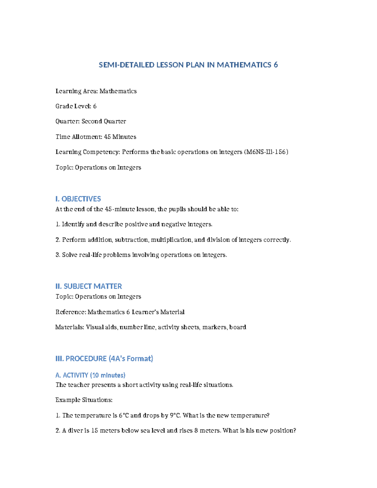 Semi-Detailed Lesson Plan Math6: Operations on Integers - Studocu