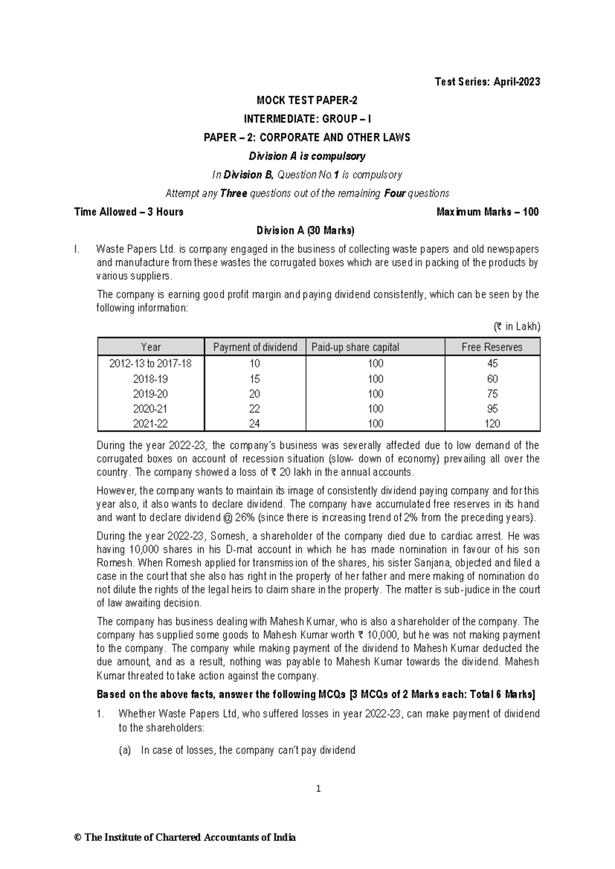 past year question - 1 Test Series: April- MOCK TEST PAPER ...