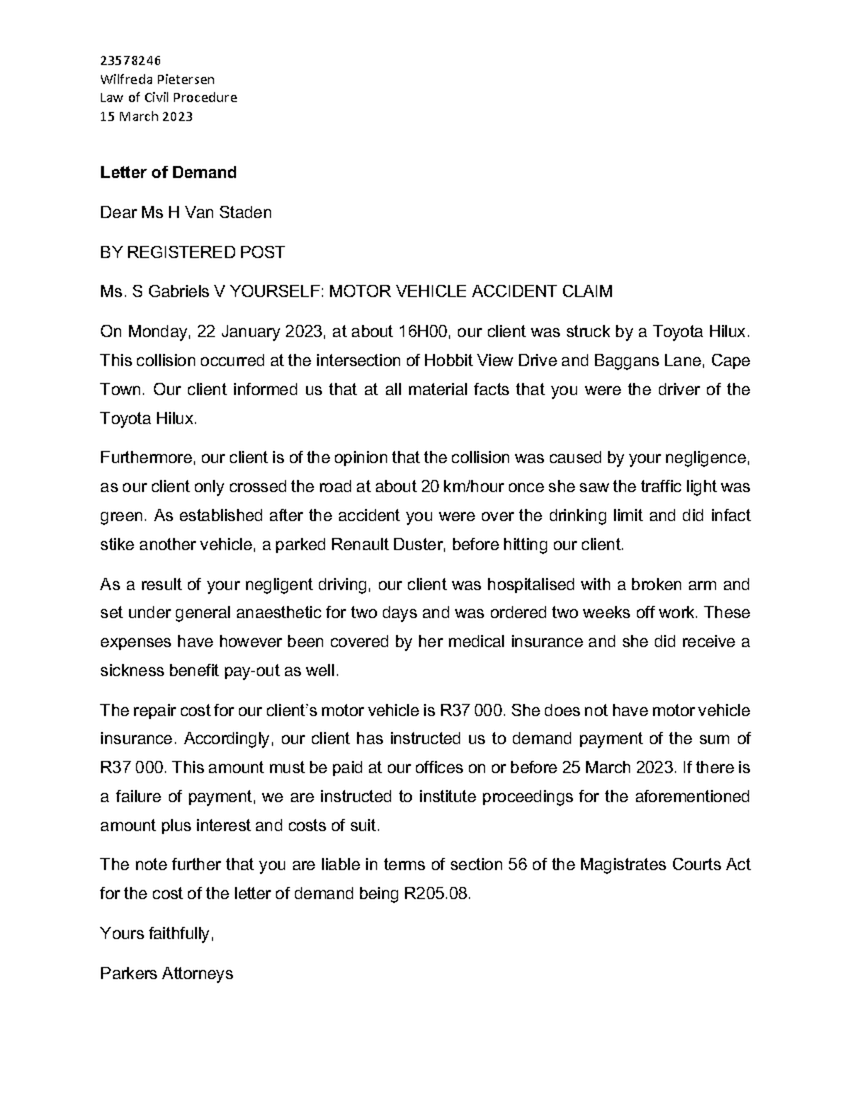 Civils Tut 2 - Example of a Civil Procedure Letter of Demand - Studocu