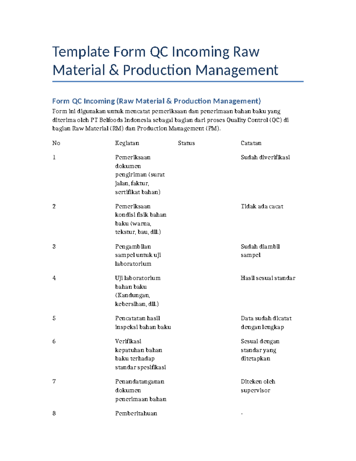 Template QC Form RM & PM for Incoming Raw Material Inspection - Studocu