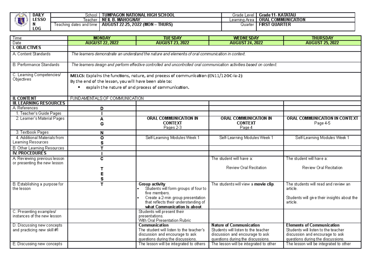 DLL Oral Communication Week 1 Lesson Plans and Activities - Studocu
