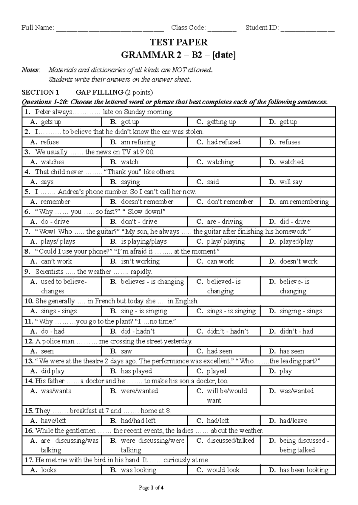 Grammar Test Paper B2: Unit 1 Questions and Answers - Studocu