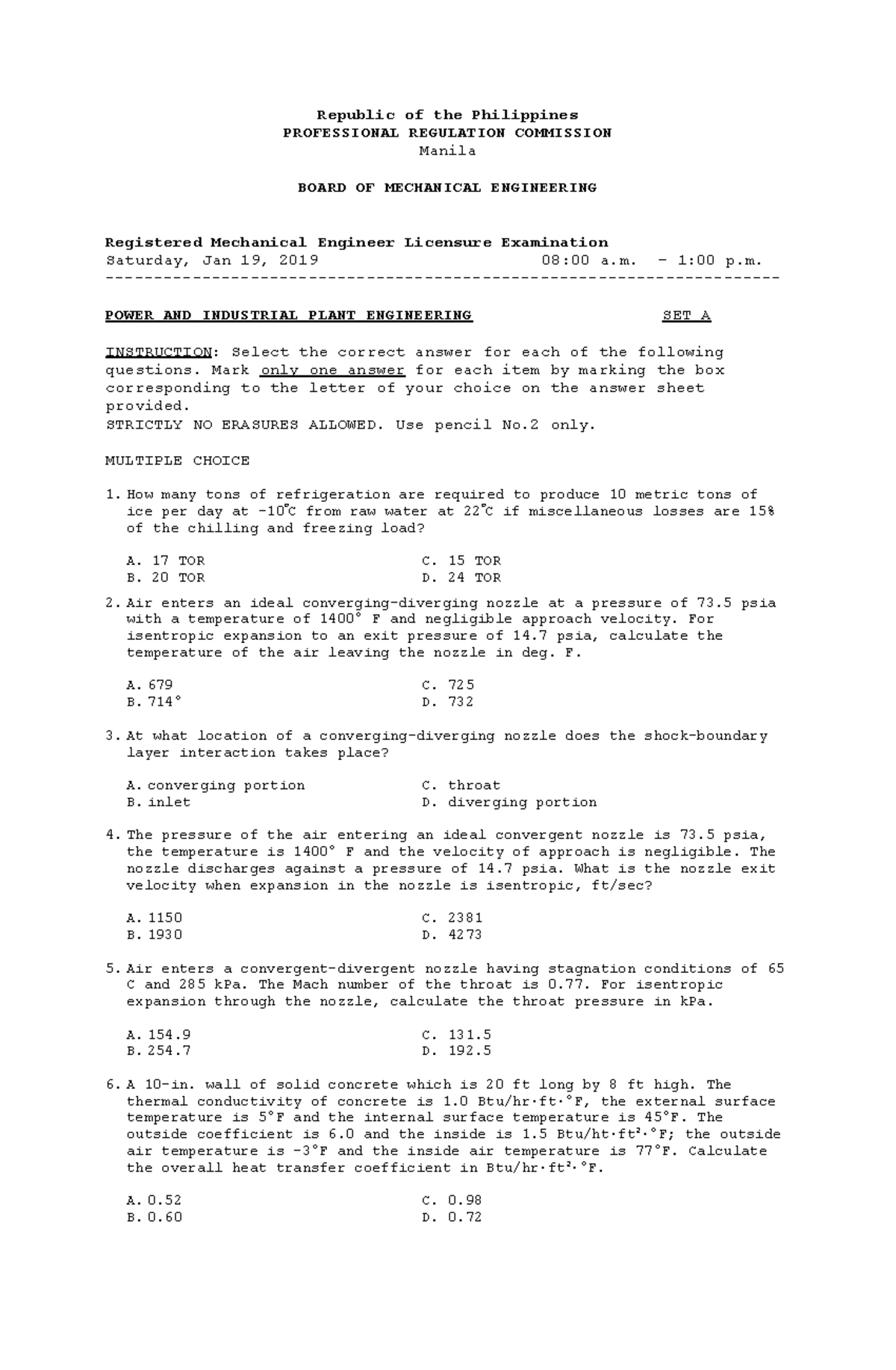 Power and Industrial Plant Engineering Exam Questions Set A - Studocu