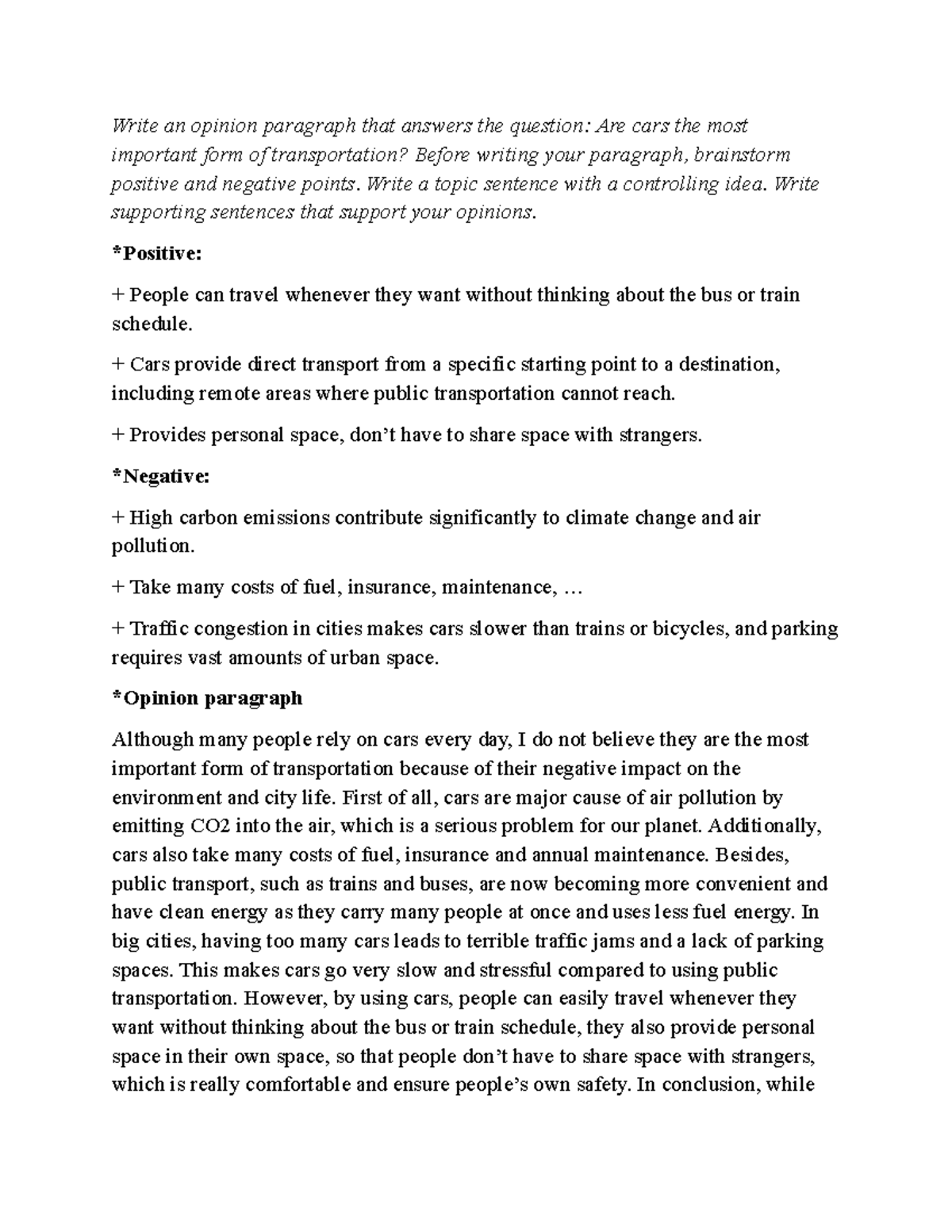 Opinion Paragraph: Are Cars the Most Important Transportation? - Studocu