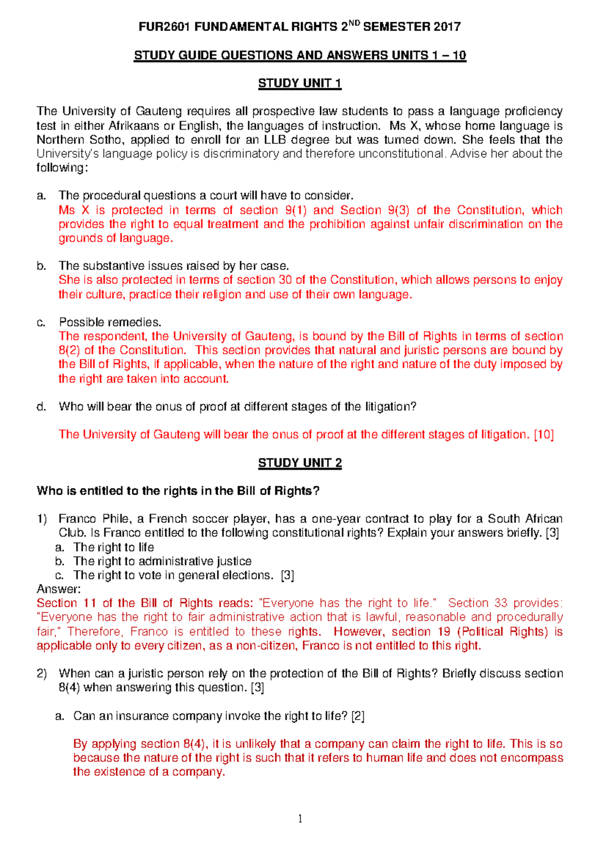 Human Rights Law Study Guide Q&A: Units 1-10 Overview - Studocu