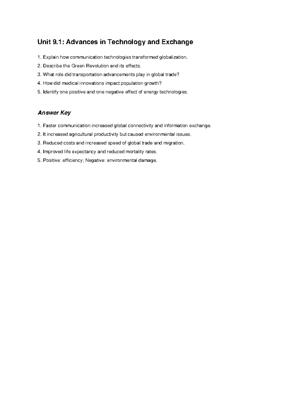 Unit 9 Guided Reading: Tech Advancements & Globalization APWH - Studocu