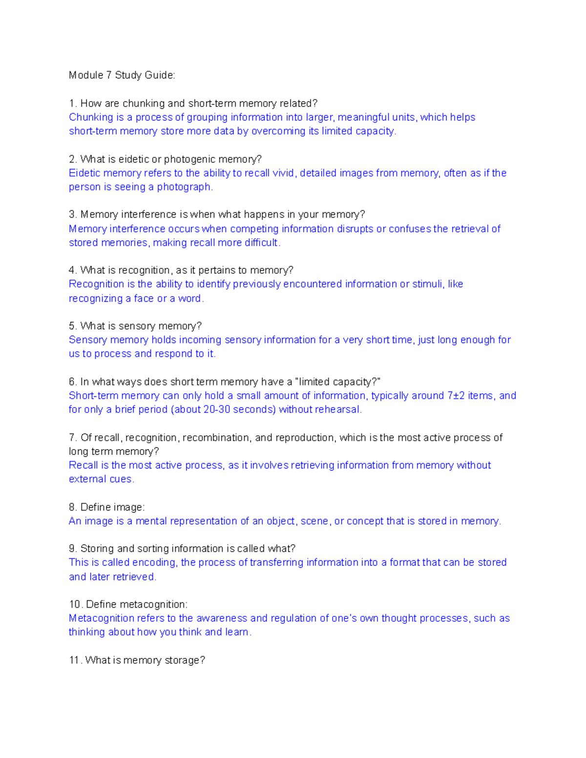Module 7 Study Guide: Key Concepts in Memory Processes and Functions ...