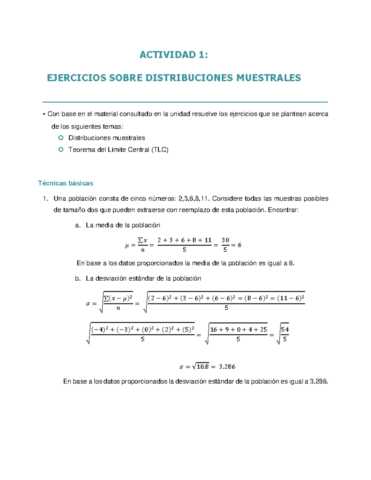 ACTIVIDAD 1: EJERCICIOS SOBRE DISTRIBUCIONES MUESTRALES (TLC) - Studocu
