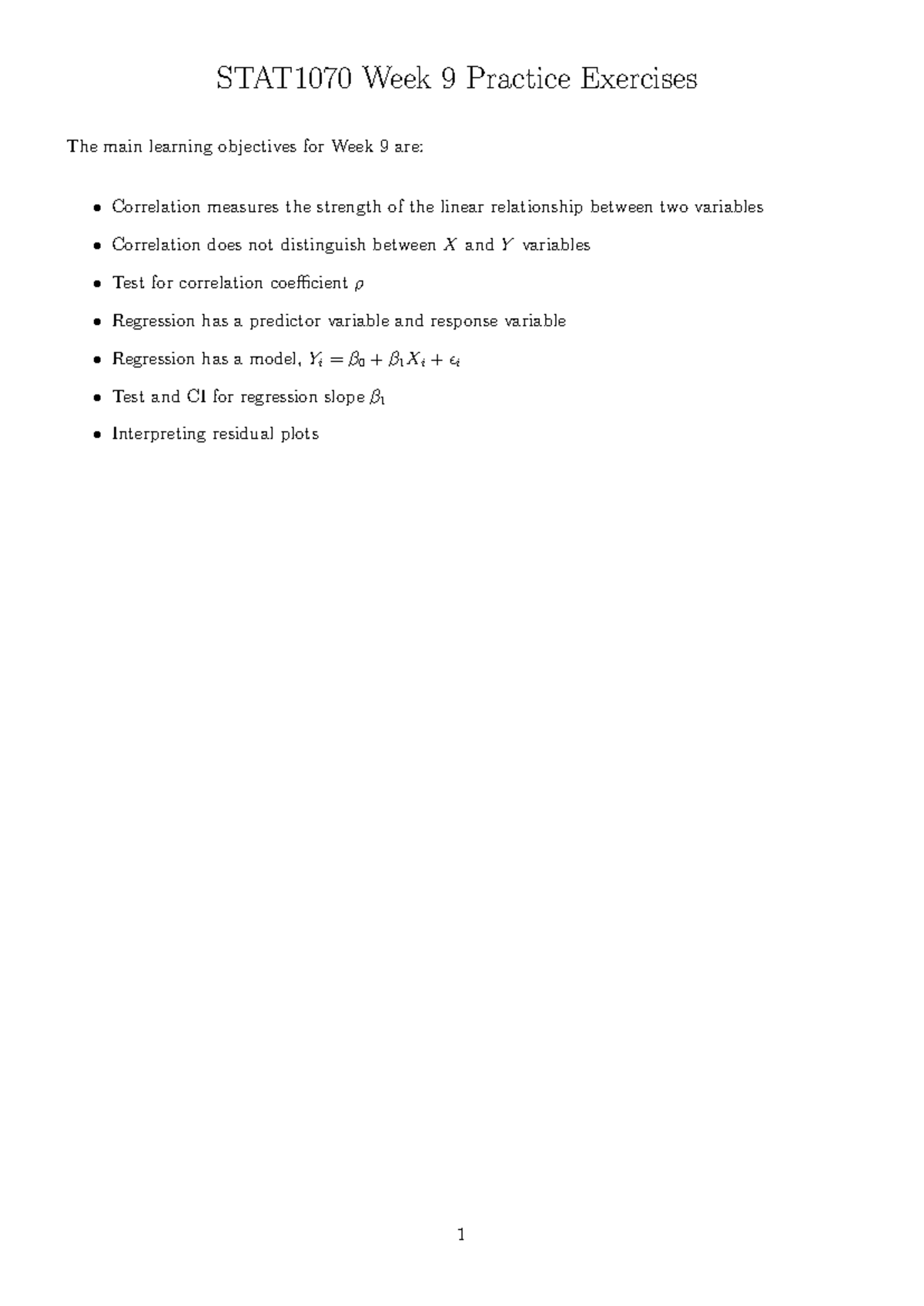 Week9 q - TUtorial practice - STAT1070 Week 9 Practice Exercises The ...