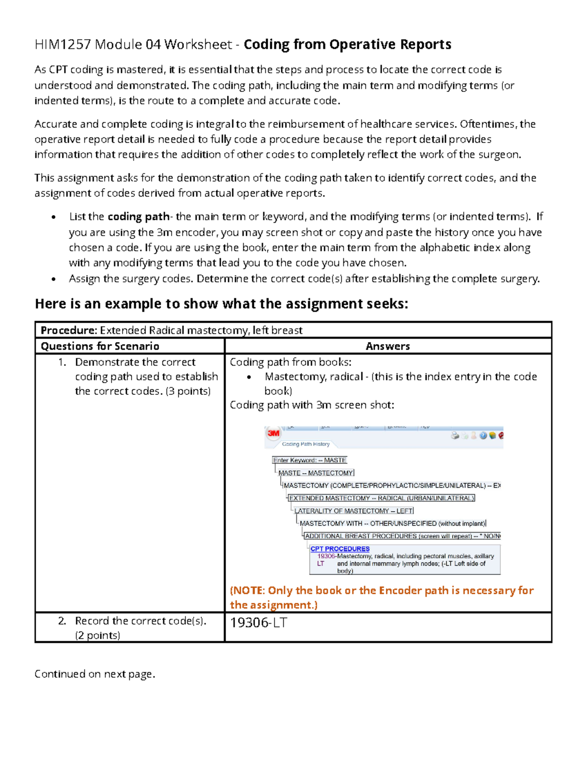 HIM1257 Module 04 - Coding from Operative Reports Worksheet - Studocu