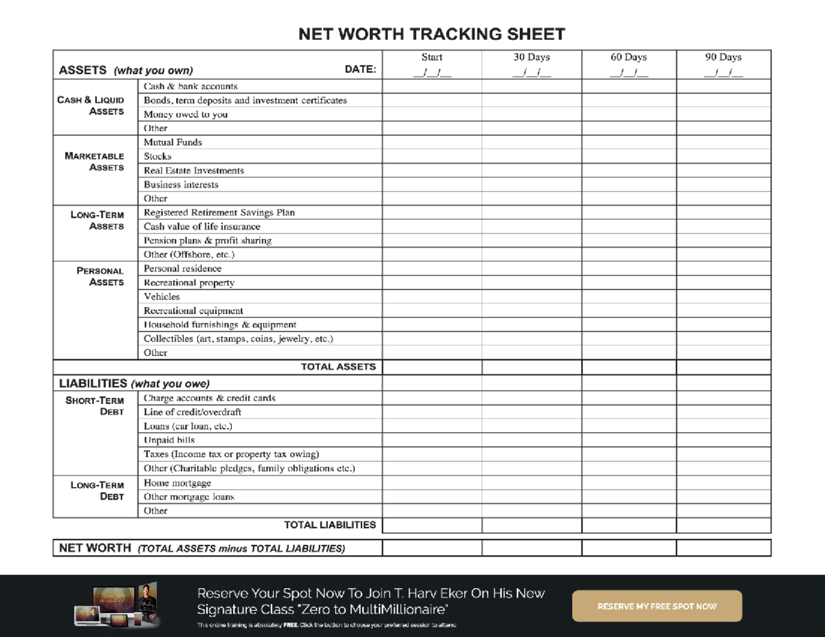 SOMM NET WORTH TRACKING SHEET: ASSETS & LIABILITIES Overview - Studocu