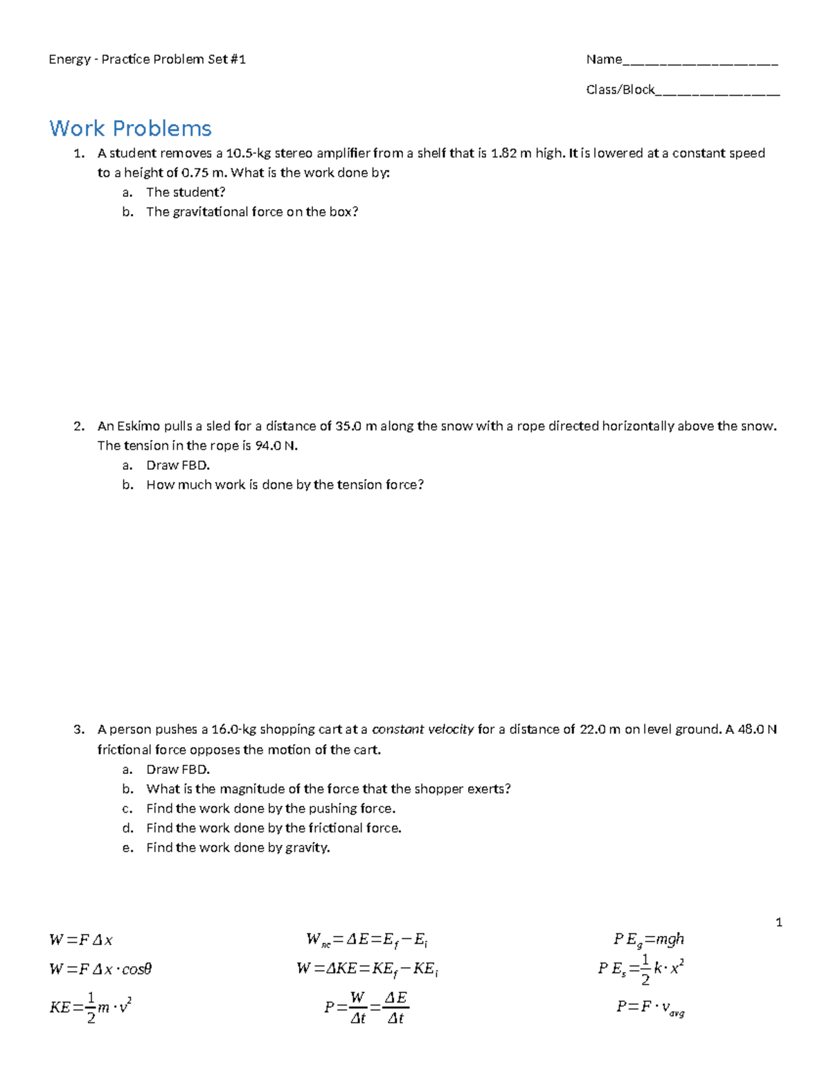 Work and Energy Practice Problem Set 1 2024 - Energy - Practice Problem ...