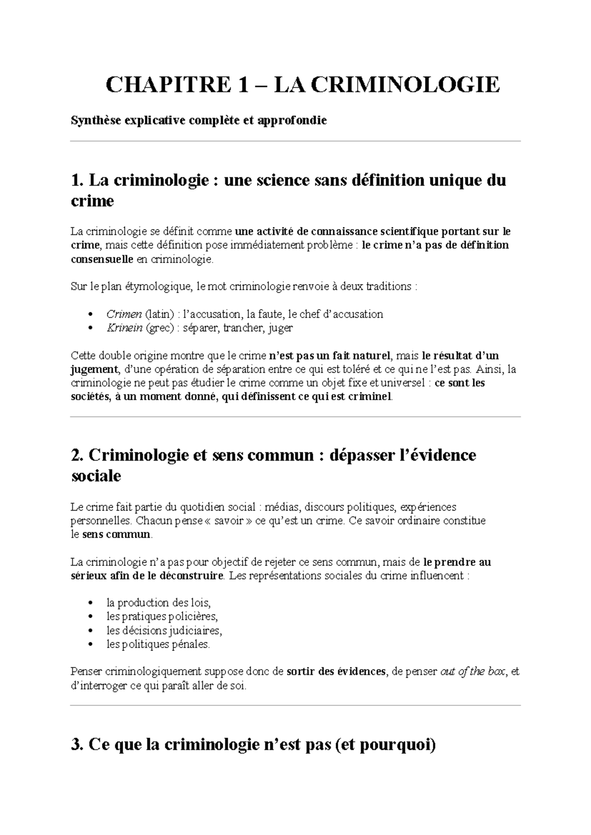 CHAPITRE 1 : LA CRIMINOLOGIE - Synthèse Approfondie et Analyse - Studocu