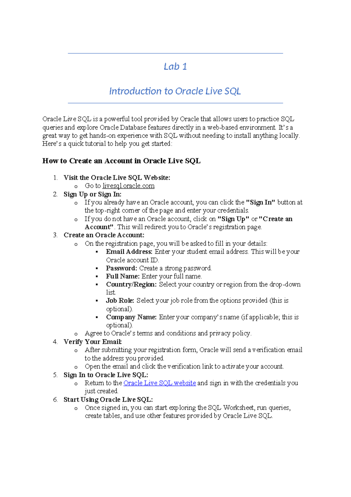 Lab 1: Introduction to Oracle Live SQL - Practical Guide - Studocu
