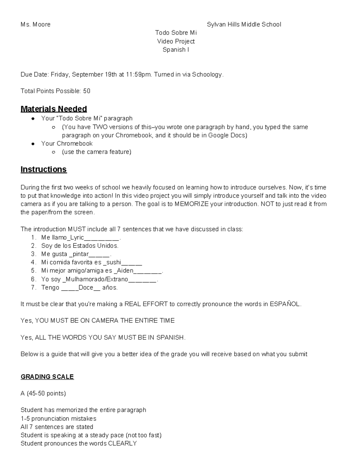 Todo Sobre Mi-Video Project-Spanish I - Ms. Moore Sylvan Hills Middle ...