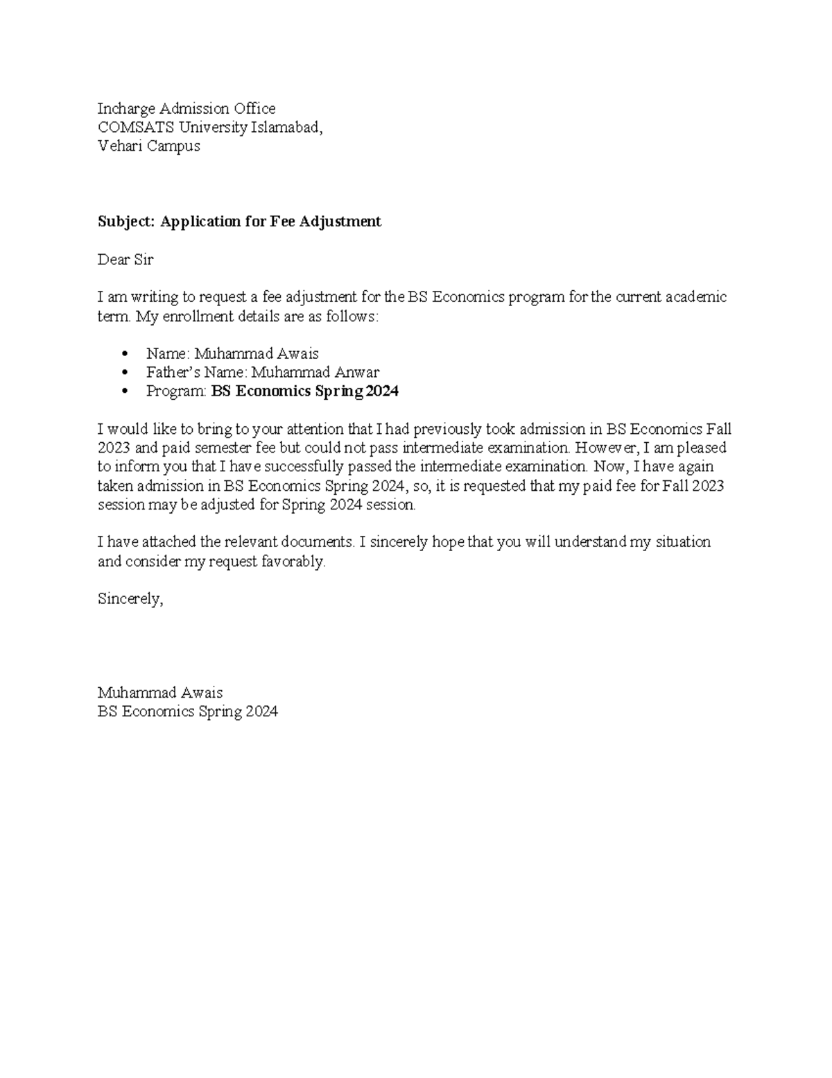 Application for Fee Adjustment - My enrollment details are as follows ...