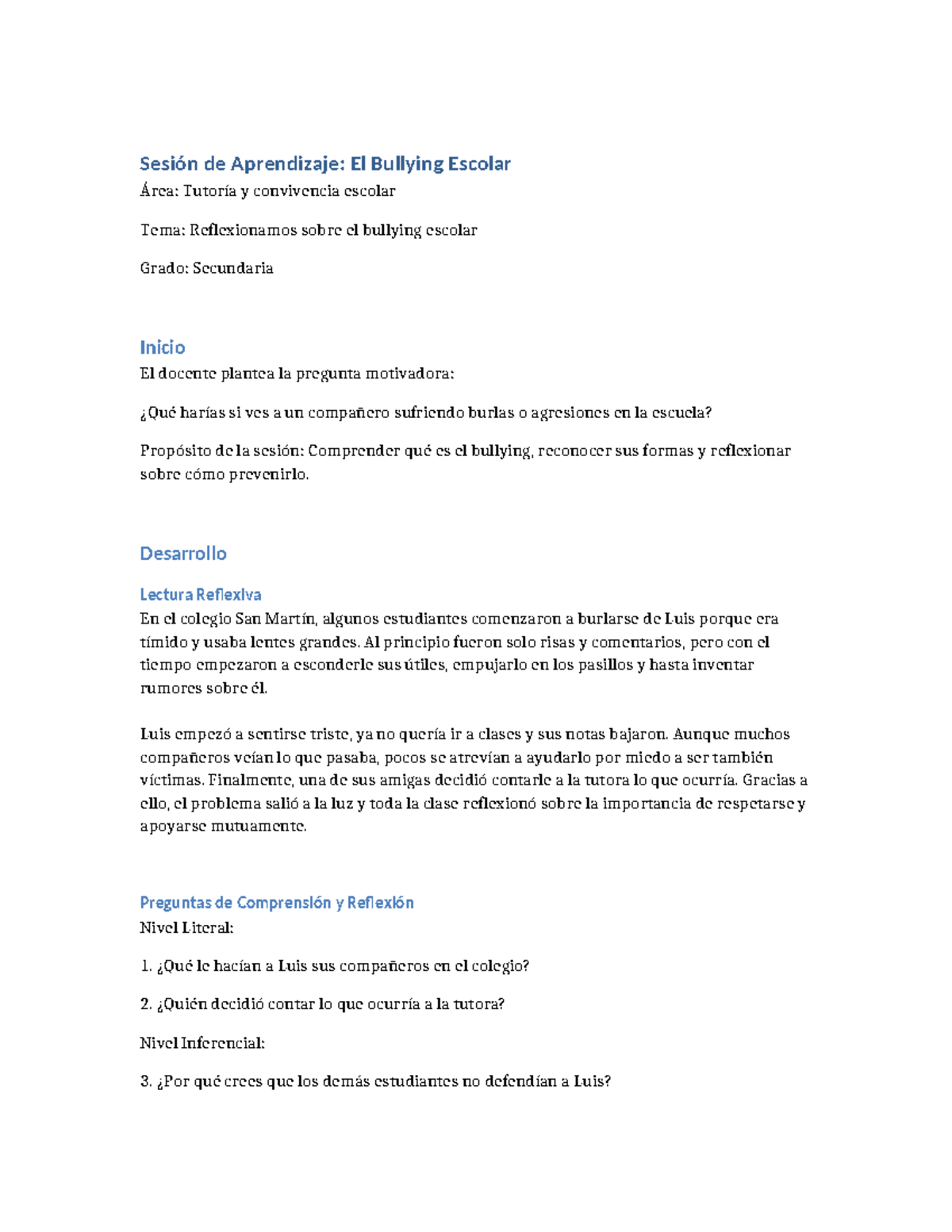 Sesión de Aprendizaje: Reflexión sobre el Bullying Escolar - Studocu