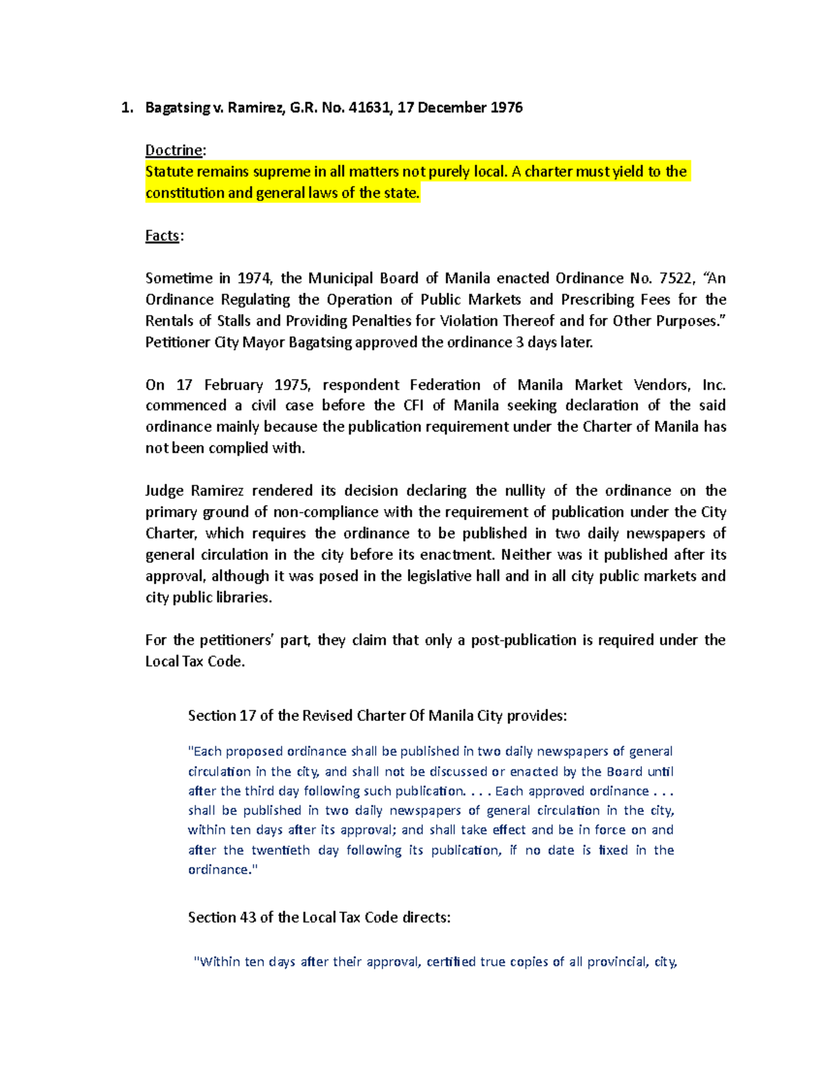 Bagatsing v. Ramirez - Case Digest on Publication of Tax Ordinances ...