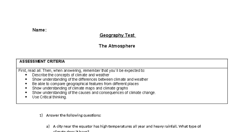 Geography Test: Understanding Climate and Weather Concepts - Studocu