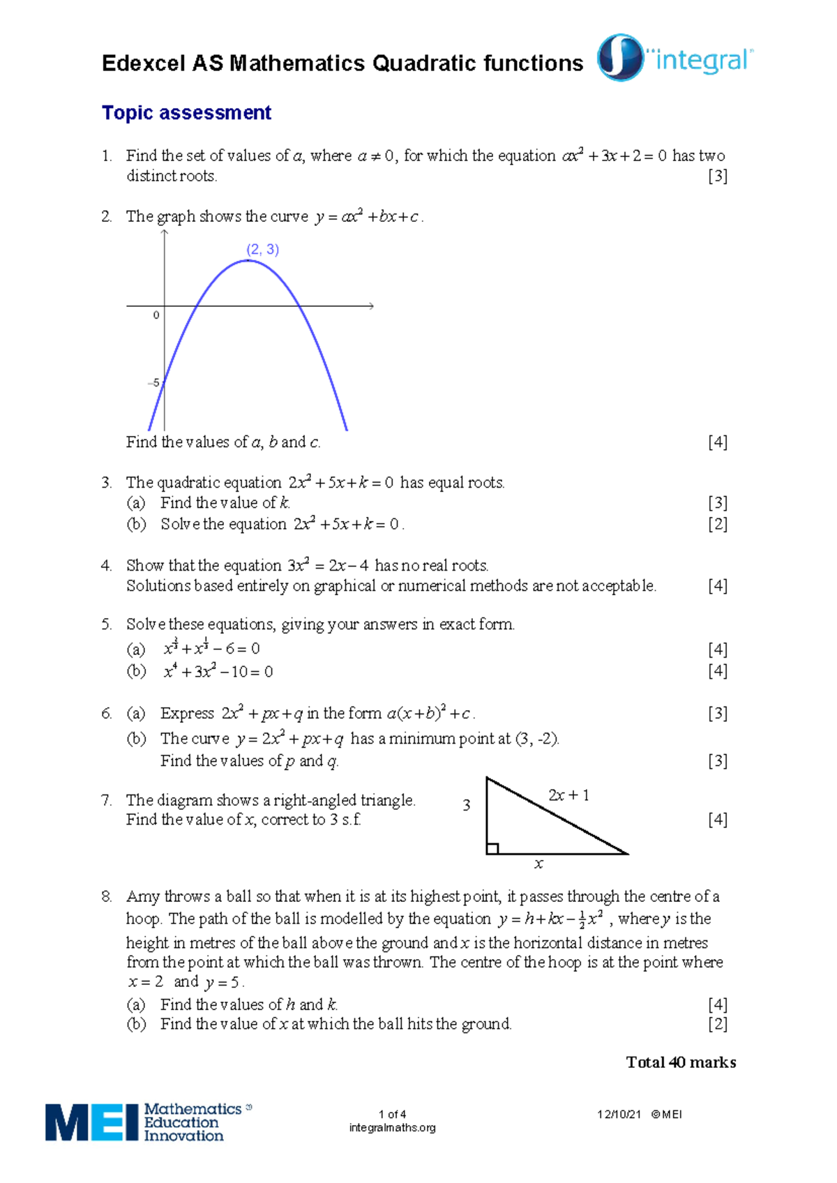 Edexcel AS Maths: Quadratic Functions Topic Assessment 1 - Studocu
