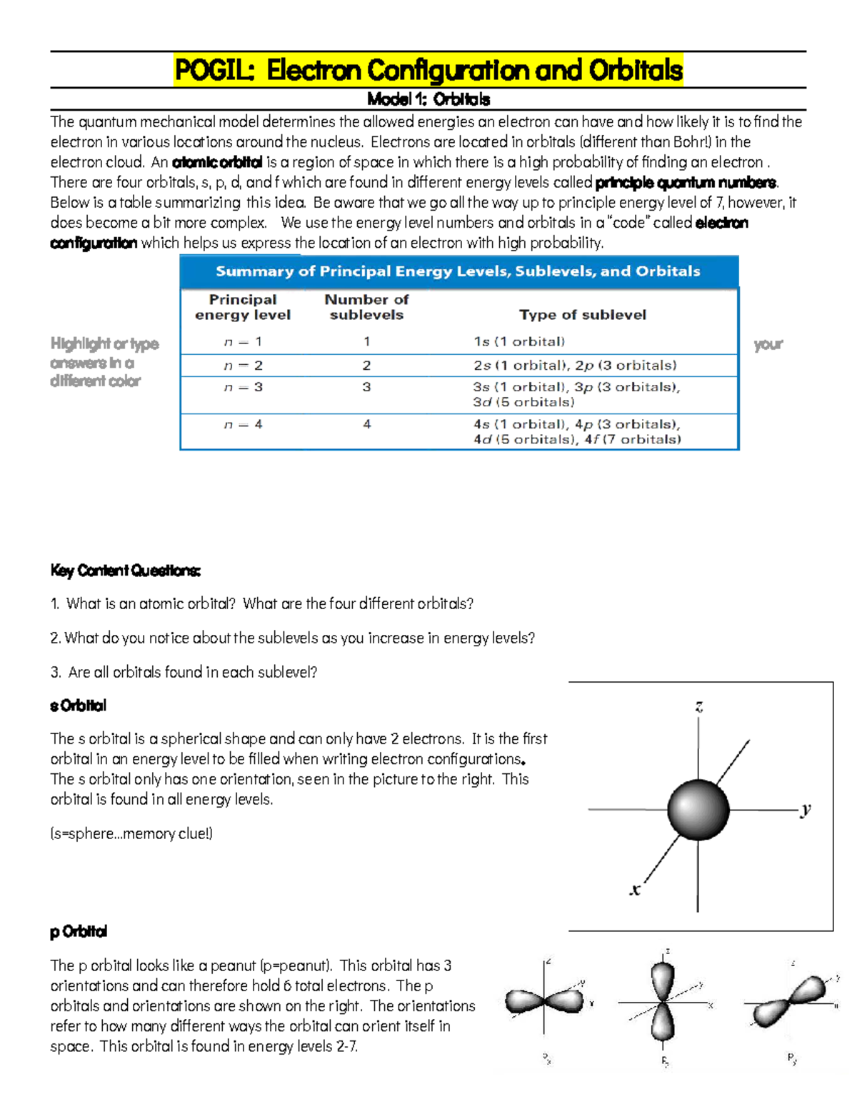 POGIL: Electron Configuration & Orbitals Model 1 Overview - Studocu