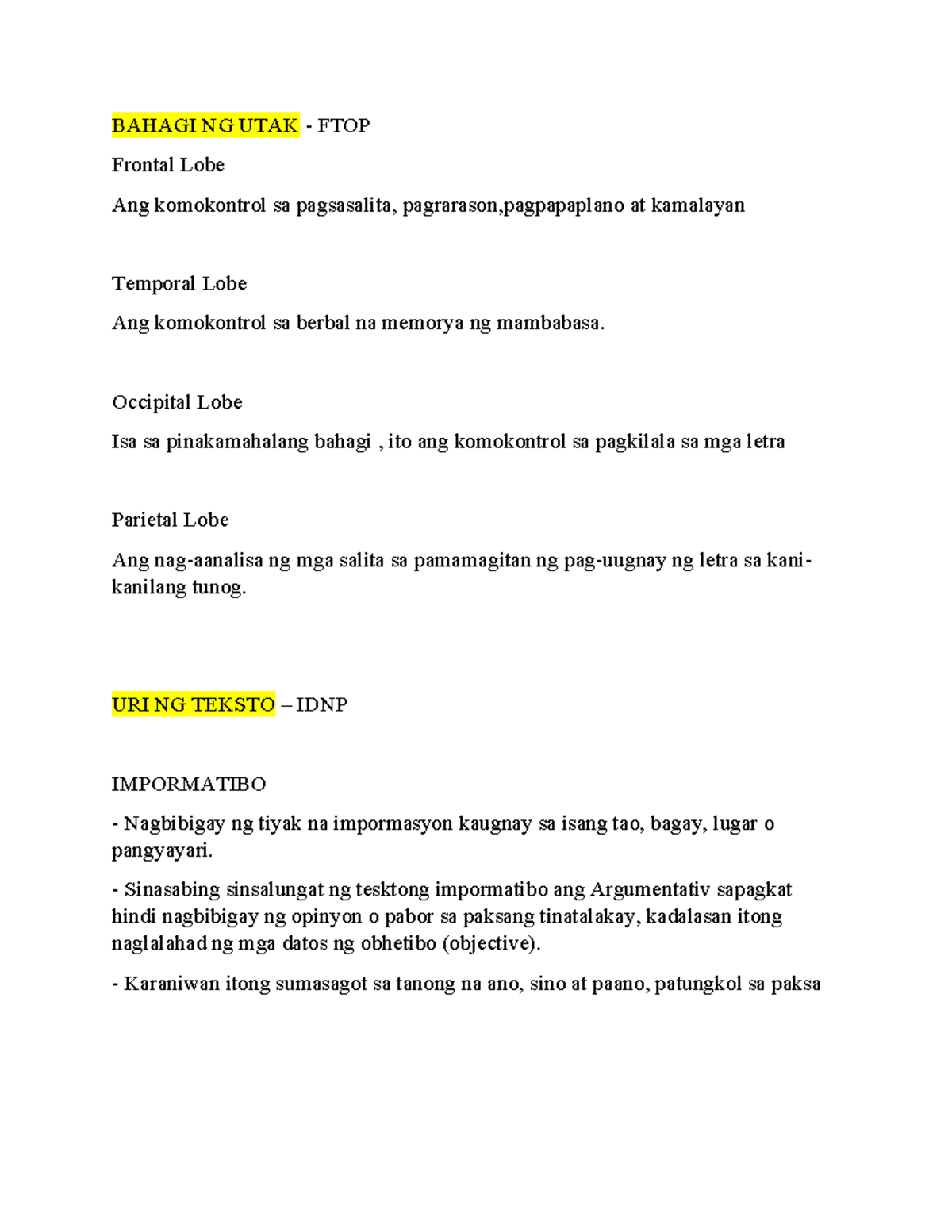 Pagbasa Reviewer - OKOKOKOKOK - BAHAGI NG UTAK - FTOP Frontal Lobe Ang ...