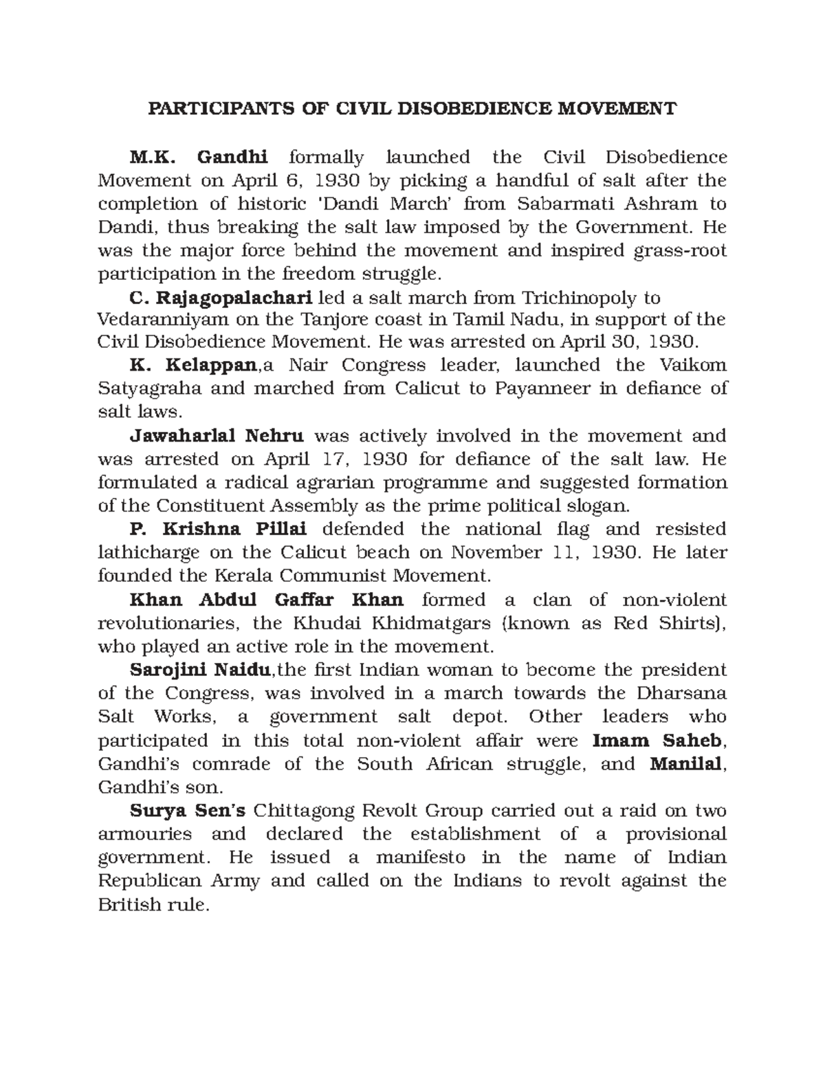 Key Participants in the Civil Disobedience Movement: A Study - Studocu