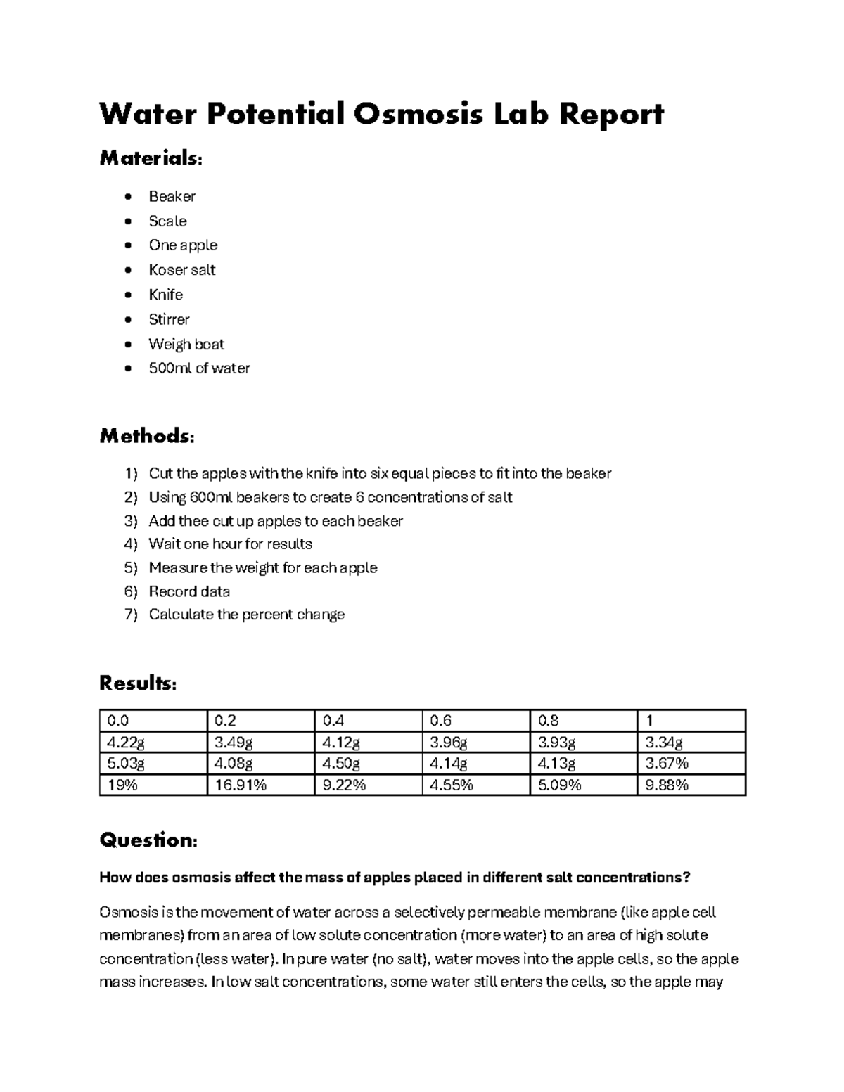 Water Potential and Osmosis Lab Report: Effects on Apple Mass - Studocu