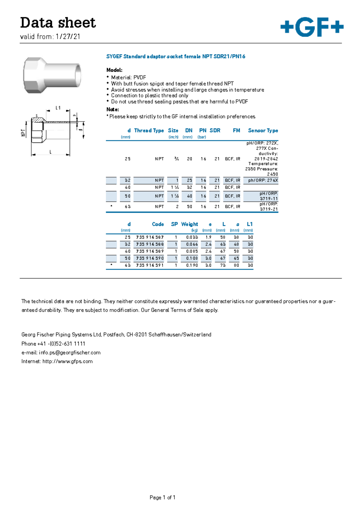 GFPS Data Sheet: Sygef Standard Adaptor Socket Female NPT SDR21 PN16 ...