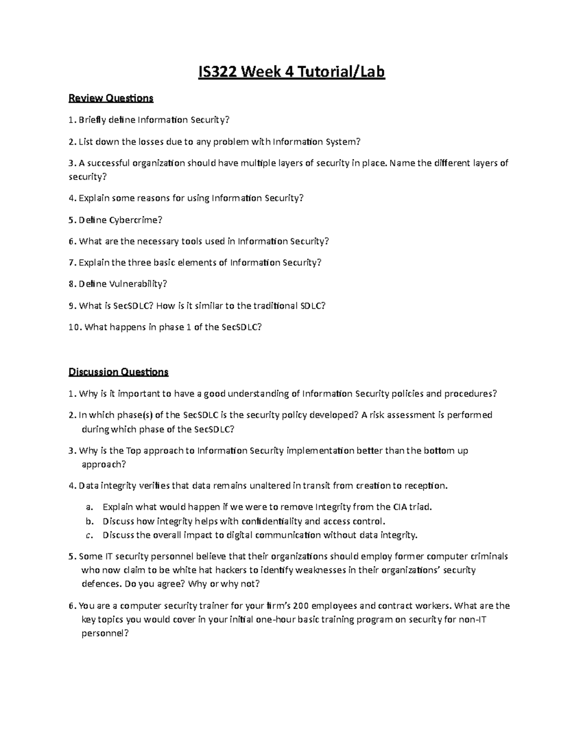 IS322 Week 4 InfoSec Tutorial & Lab Review Questions and Exercises ...