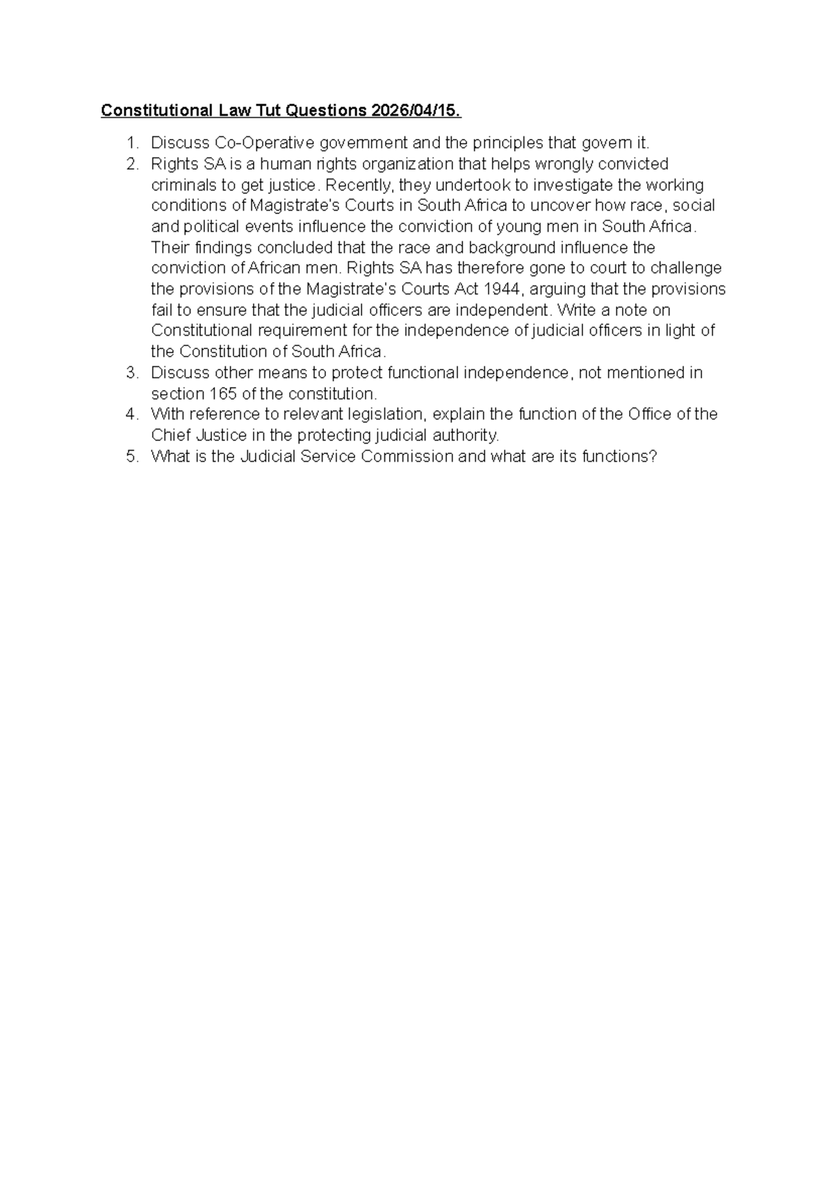 Constitutional Law Tutorial 5&6 Questions on Judicial Independence ...