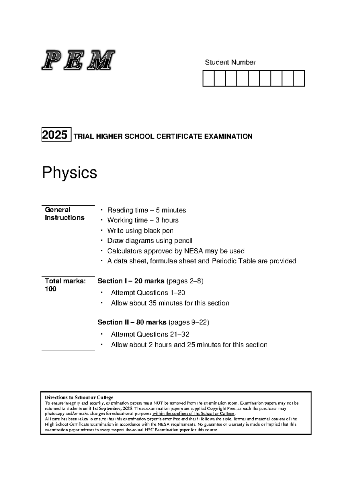 PEM 2025 Physics Trial HSC Exam Paper - Studocu