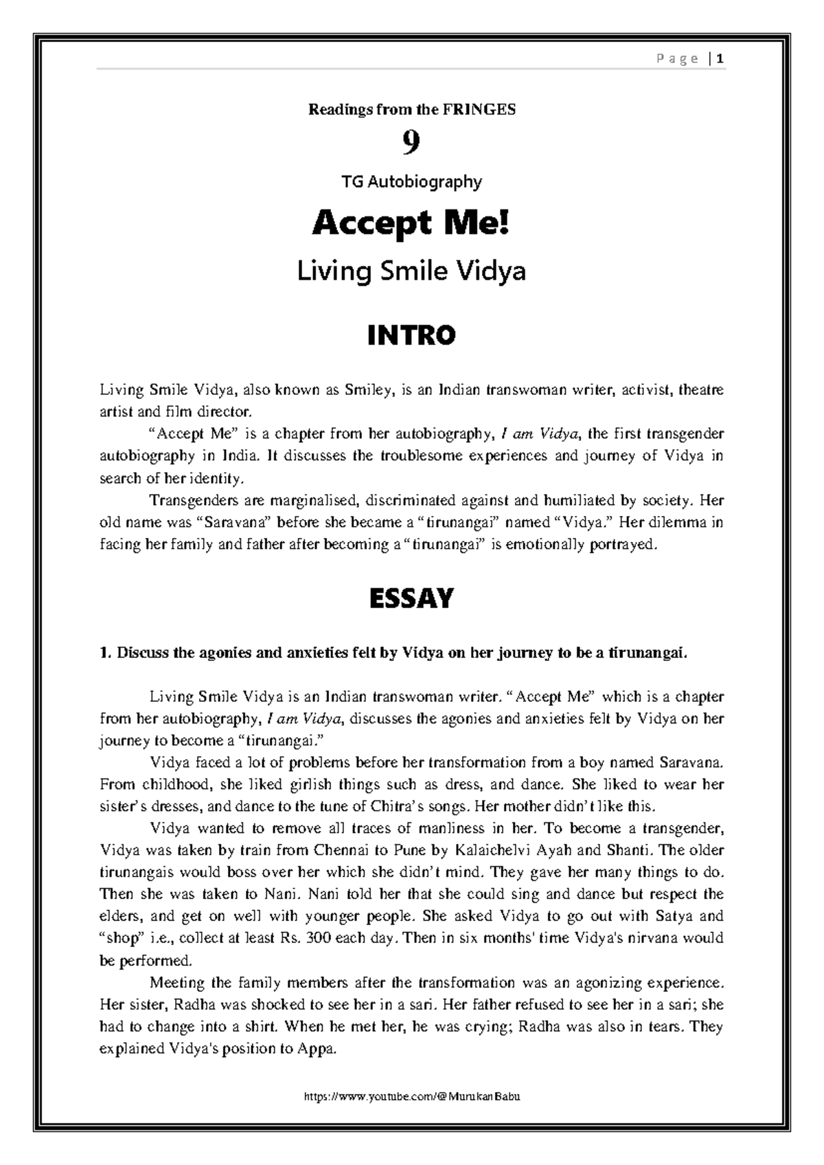 Accept Me! - Vidya's Journey as a Transwoman: Essay Notes (TG 9) - Studocu