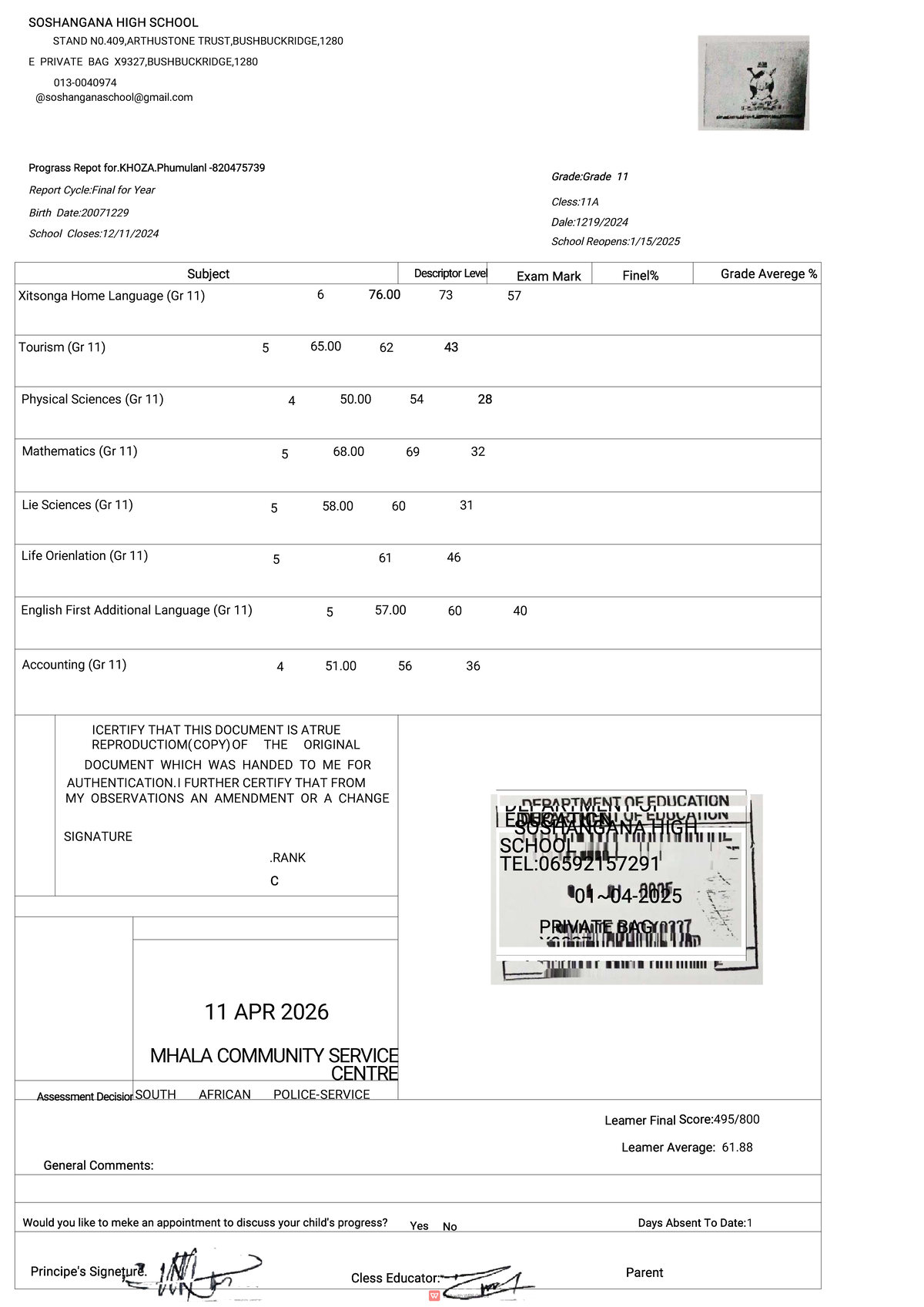 Soshangana High School Grade 11 Final Report 2024 - Studocu