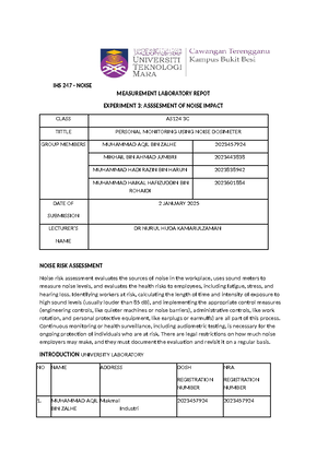 Lab report 1 ihs 247 - FKFKFKF - IHS 247 - NOISE MEASUREMENT LABORATORY ...