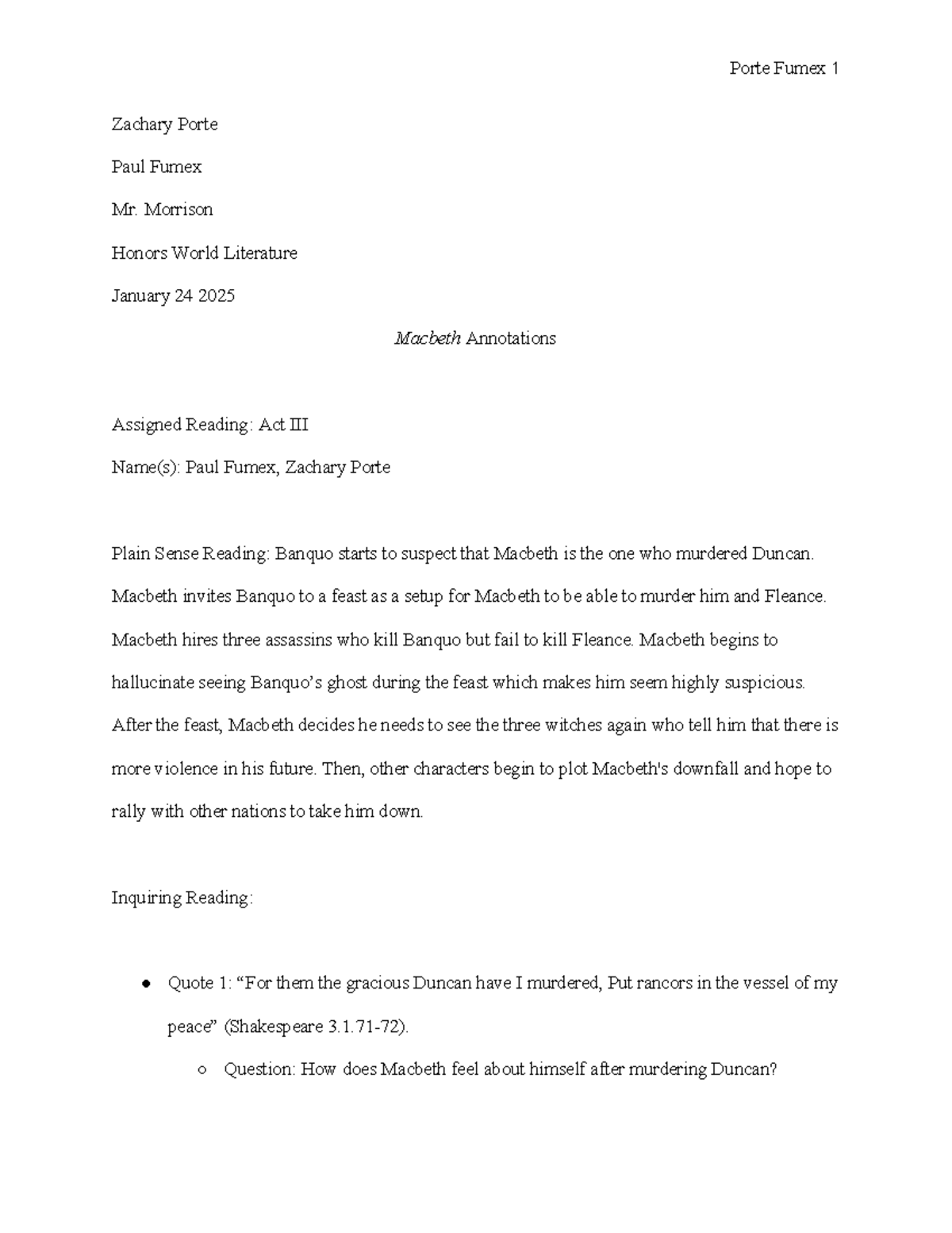 Macbeth Annotations: Honors World Literature (HWL 101) Insights ...