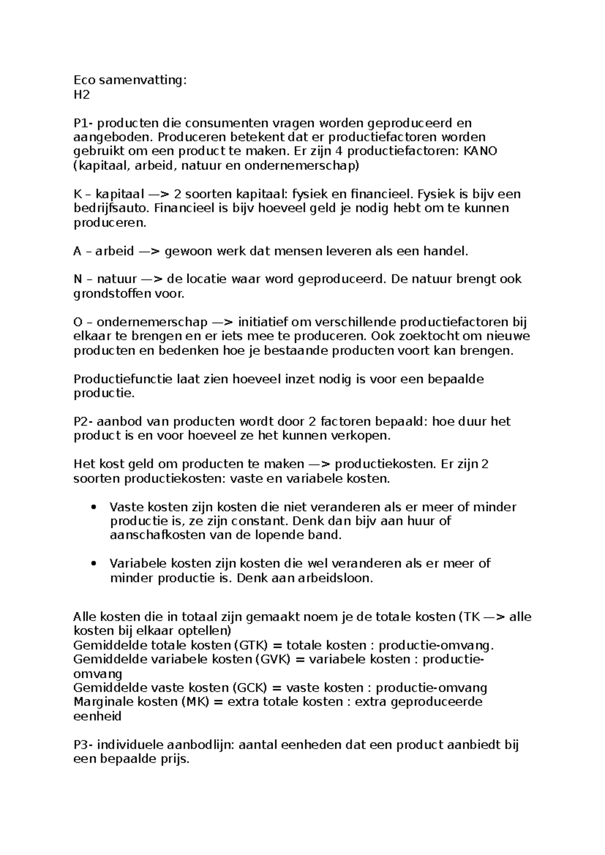 Eco Samenvatting: Productiefactoren en Kostenanalyse (ECO101) - Studeersnel