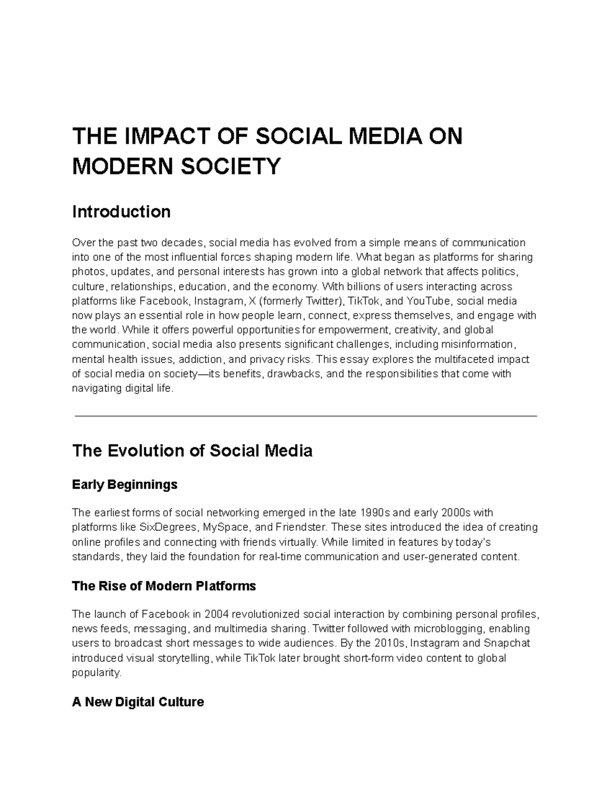 SOC 101: The Impact of Social Media on Modern Society Essay - Studocu