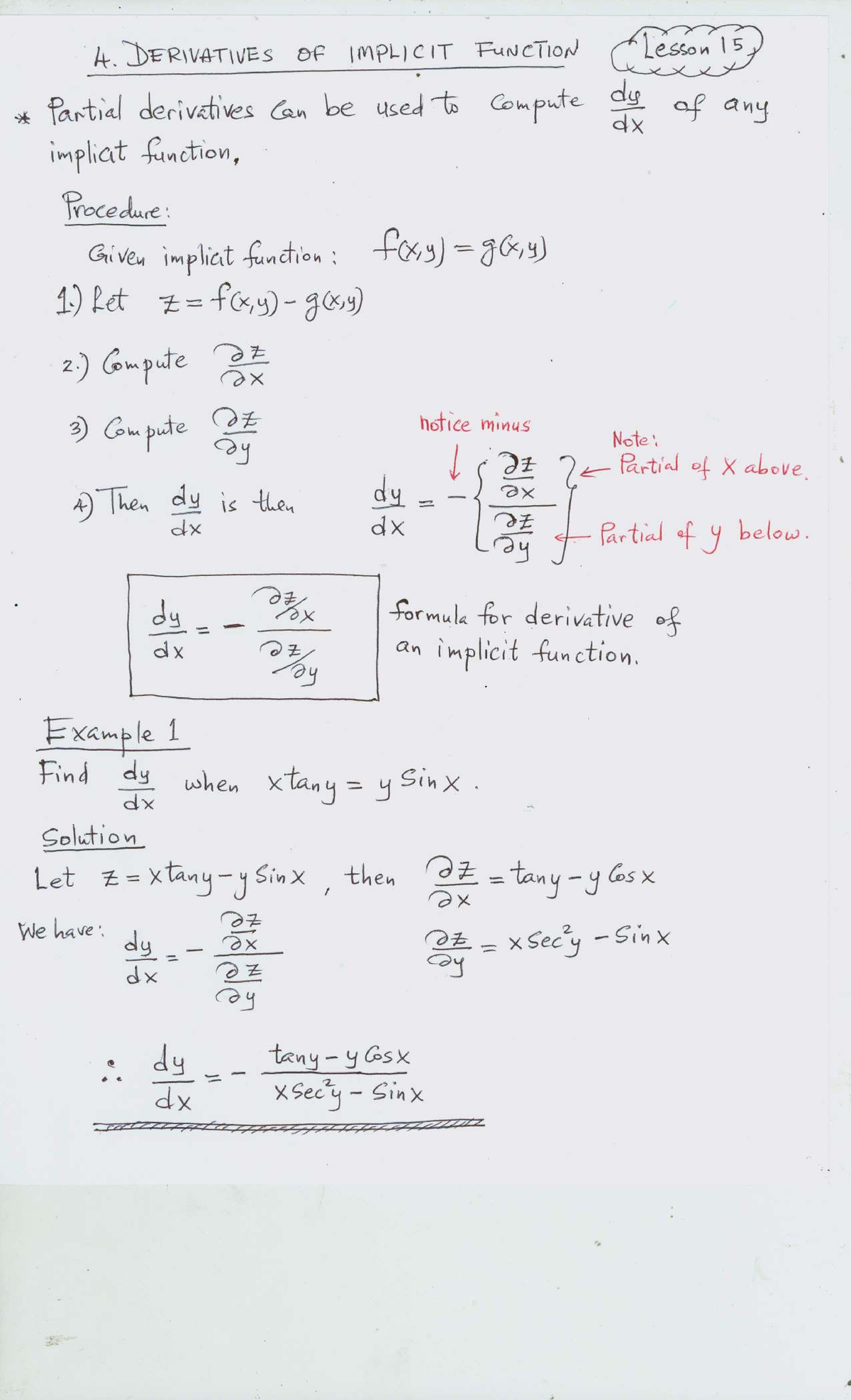 4. DERIVATIVES of IMPLICIT FUNCTION Lesson 15: Partial Derivatives ...