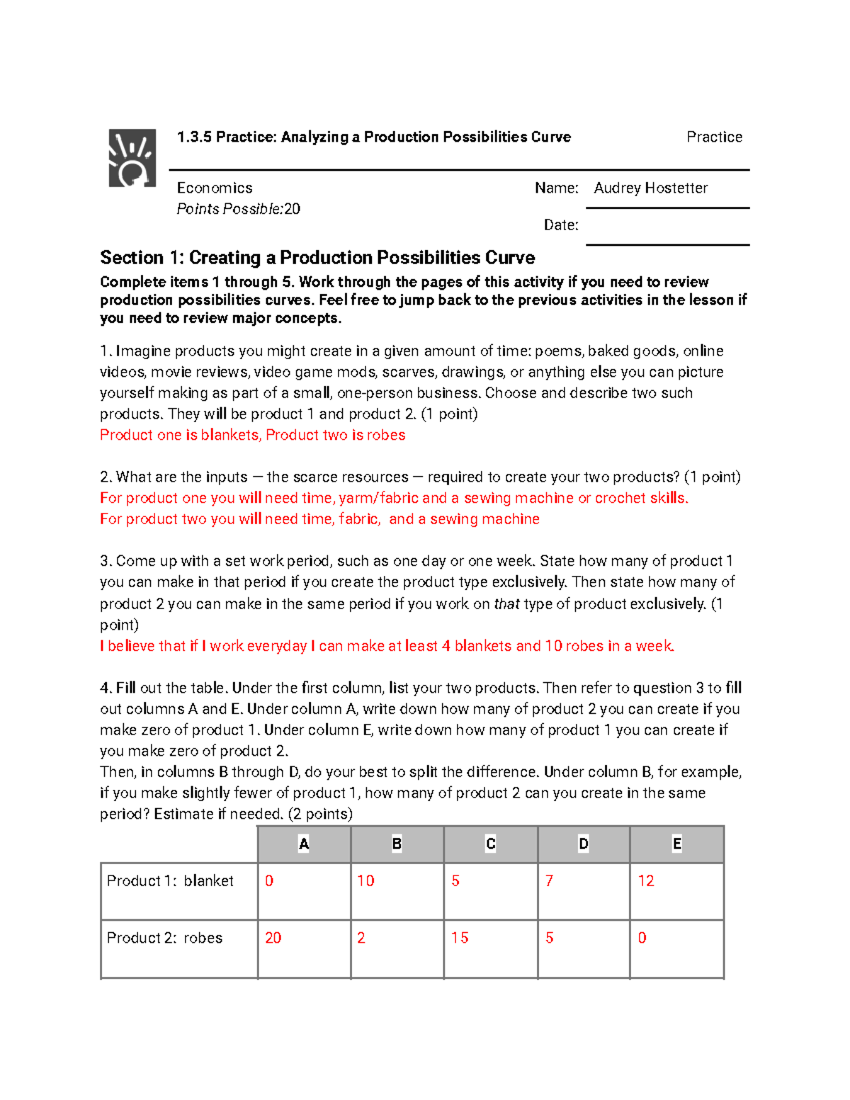 Analyzing the Production Possibilities Curve: Practice 1.3.5 Workbook ...