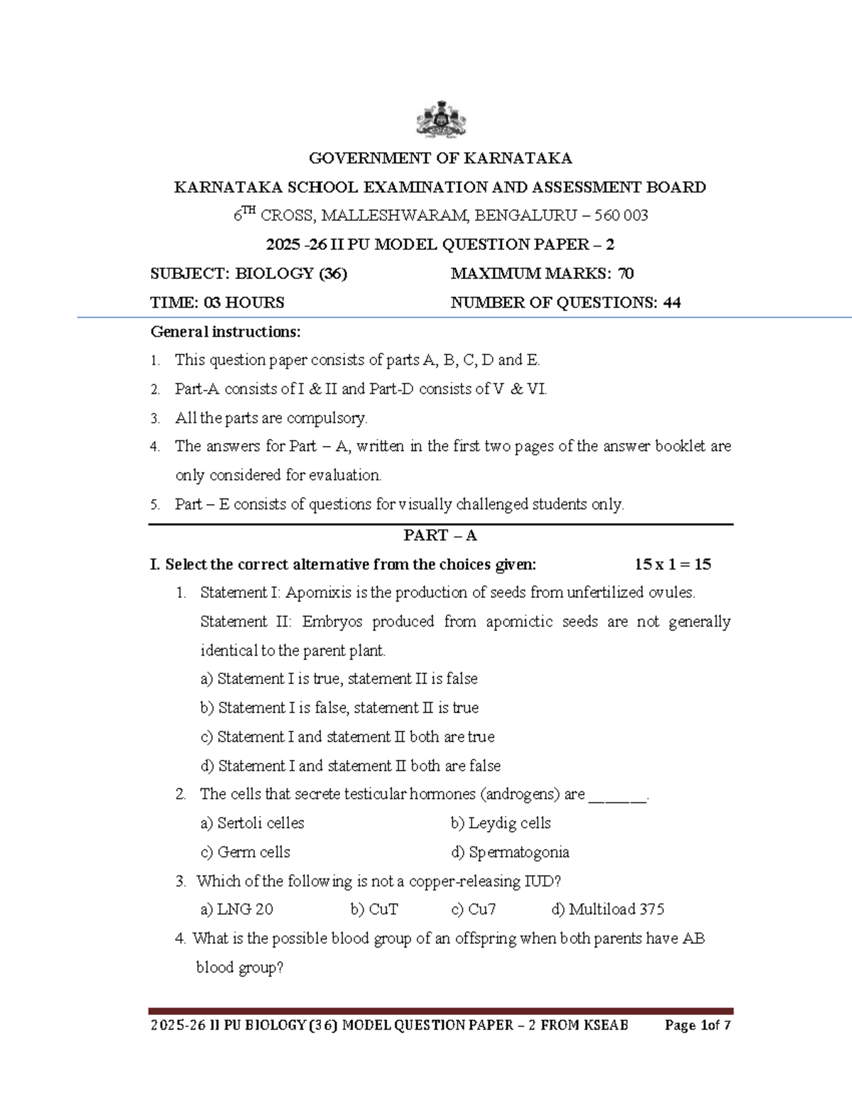 II PU BIOLOGY (36) MODEL QUESTION PAPER 2 - 2025-26 - Studocu