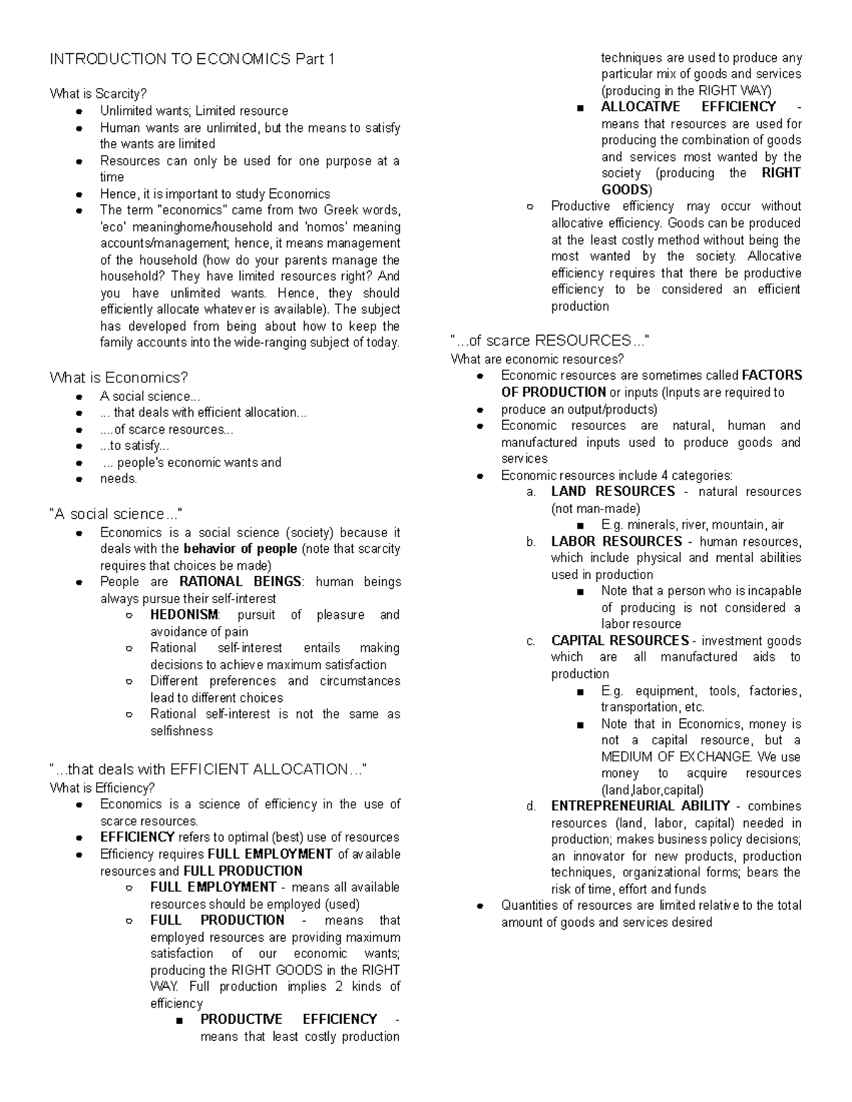 COM501 Economics Reviewer (part 1) - INTRODUCTION TO ECONOMICS Part 1 ...