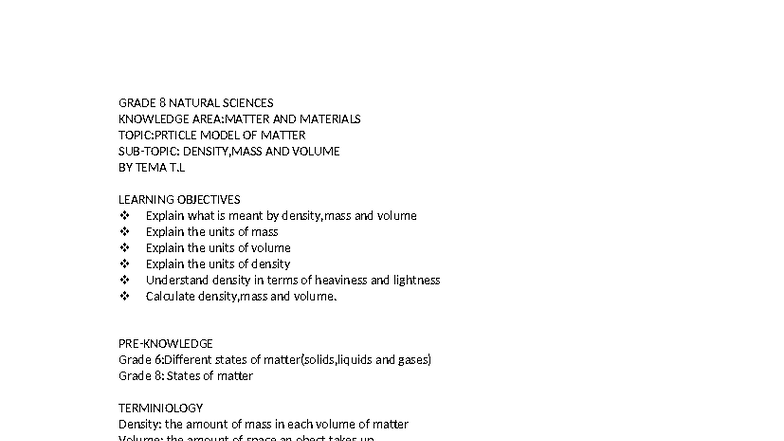 GRADE 8 NATURAL SCIENCES: MASS, DENSITY, AND VOLUME NOTES - Studocu