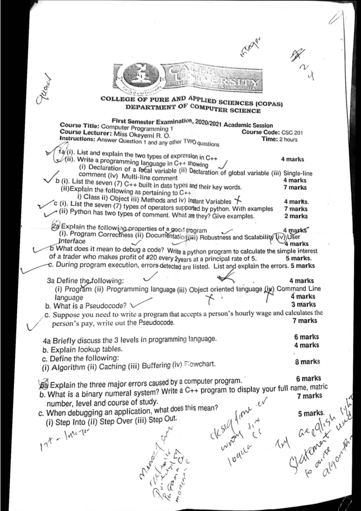 300L First Semester Past Questions: Computer Science Exams - Studocu