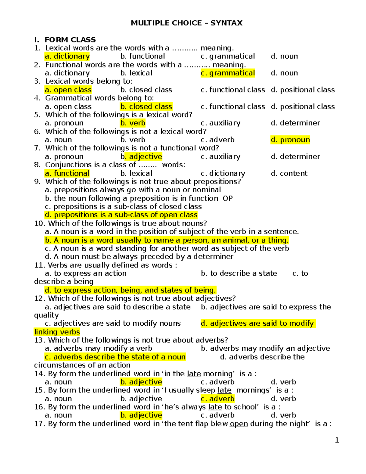 Syntax MCQs - Understanding Form Classes, Phrases, Clauses & Sentences - Studocu