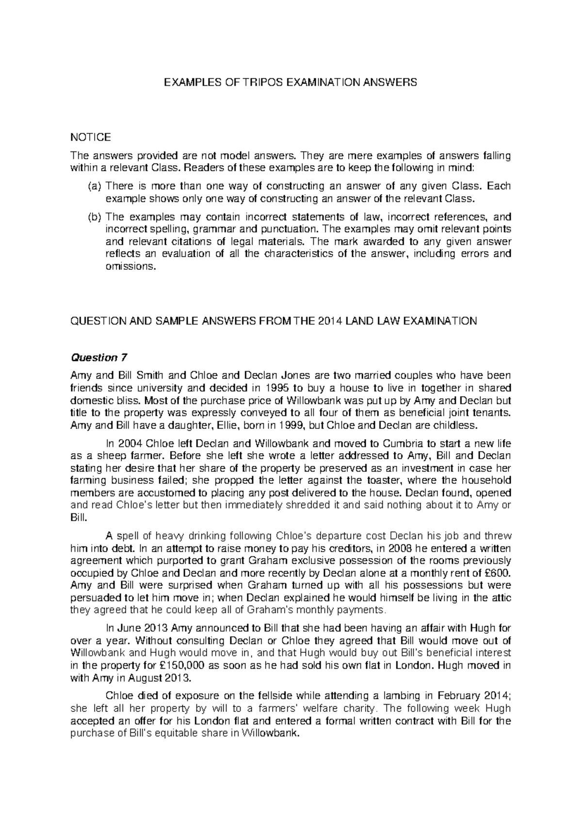 2014 Land Law Exam Sample Answers: Tripos Examination Insights - Studocu