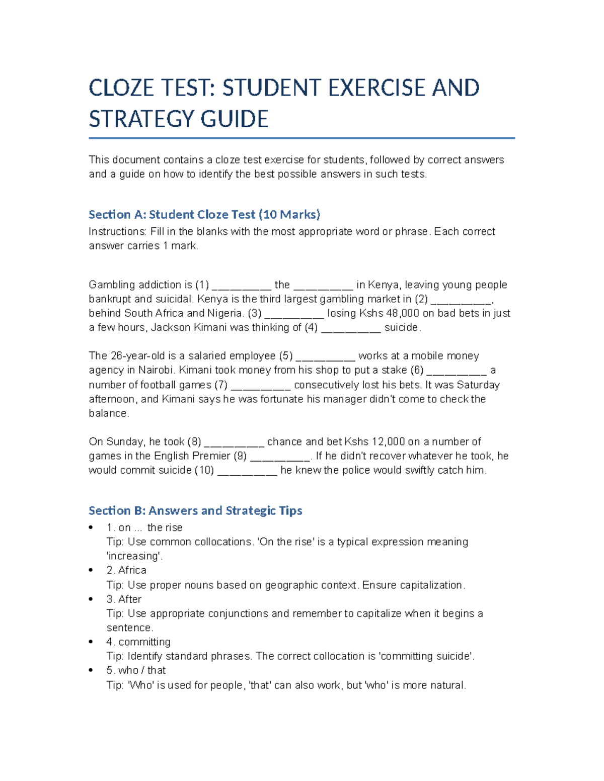 CLOZE TEST: STUDENT EXERCISE & STRATEGY GUIDE - Studocu